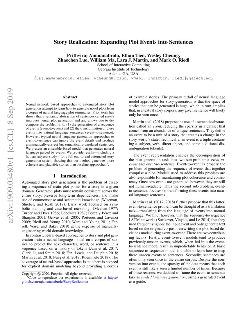 Story Realization: Expanding Plot Events into Sentences | DeepAI