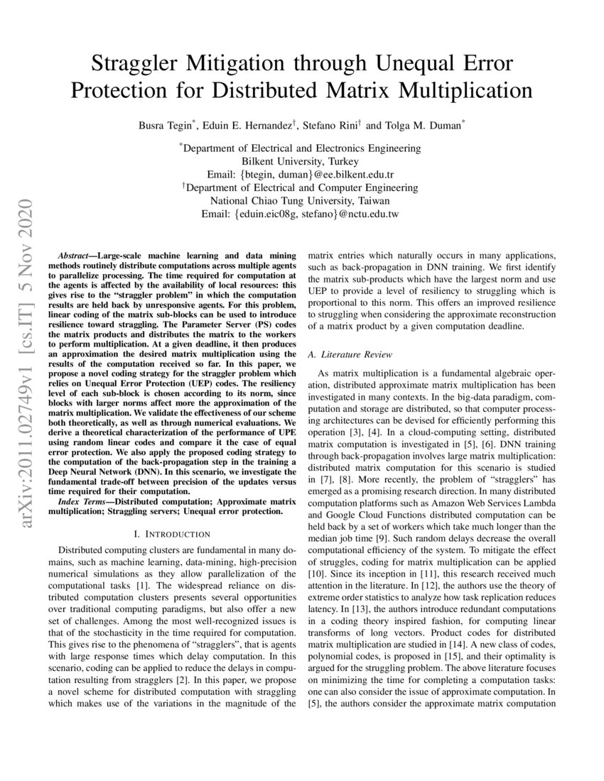 Straggler Mitigation Through Unequal Error Protection For Distributed Matrix Multiplication Deepai