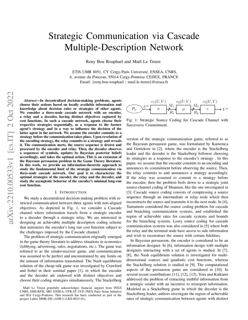 Strategic Communication via Cascade Multiple Description Network | DeepAI Strategic Communication via Cascade Multiple Description Network | DeepAI