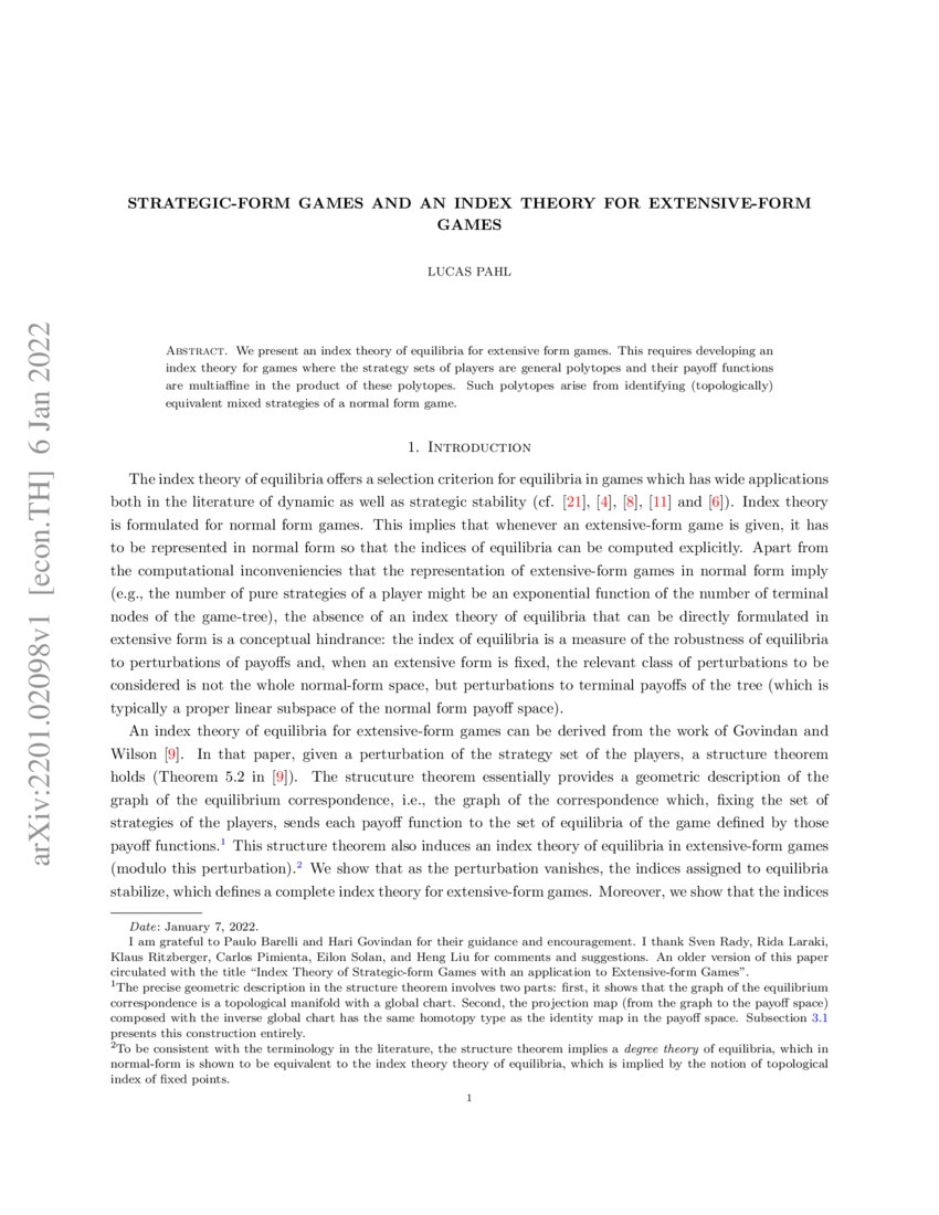 Strategic form games and an Index Theory for Extensive form games | DeepAI
