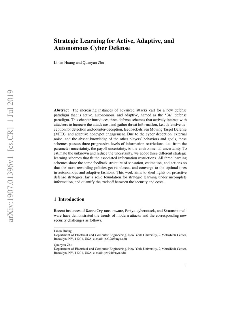 Strategic Learning for Active, Adaptive, and Autonomous Cyber Defense ...
