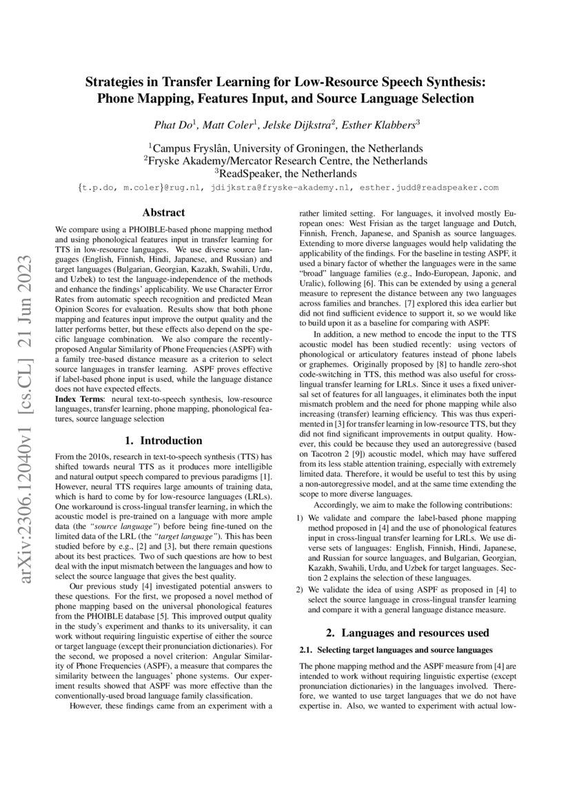 Strategies in Transfer Learning for Low-Resource Speech Synthesis: Phone Mapping, Features Input ...