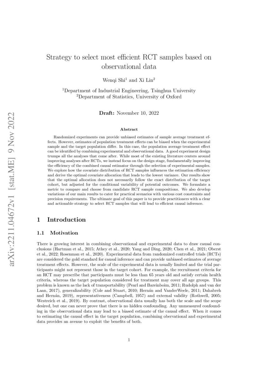 Strategy to select most efficient RCT samples based on observational data | DeepAI