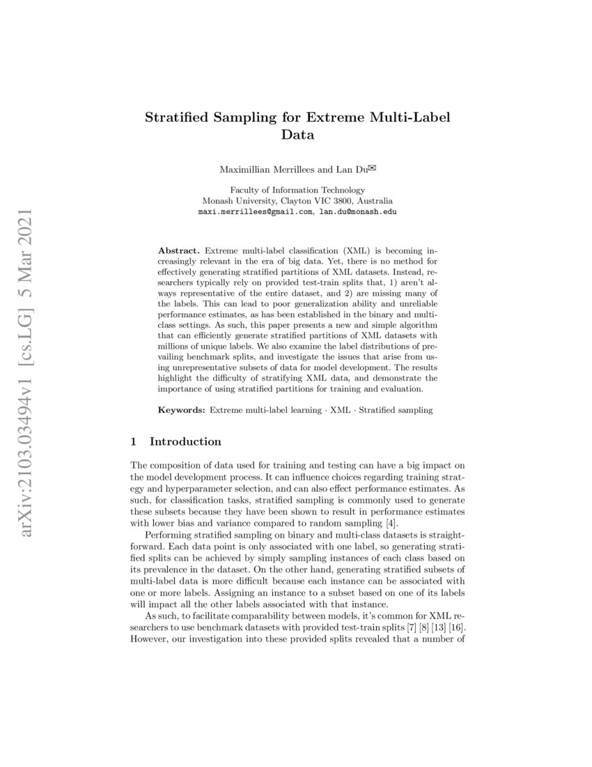 Stratified Sampling for Extreme Multi-Label Data | DeepAI