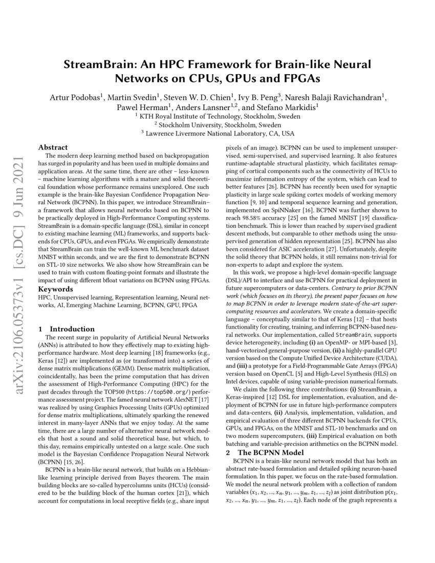 Streambrain An Hpc Framework For Brain Like Neural Networks On Cpus Gpus And Fpgas Deepai