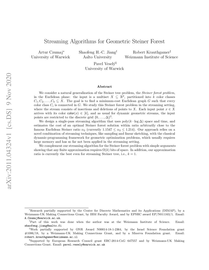 Streaming Algorithms for Geometric Steiner Forest | DeepAI