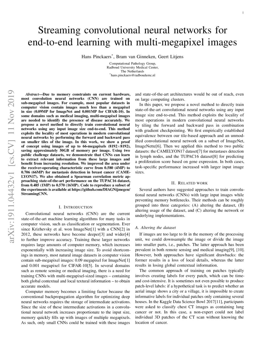 Streaming convolutional neural networks for end-to-end learning with multi-megapixel images | DeepAI