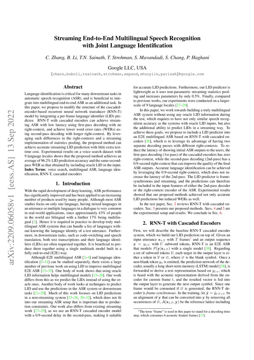 Streaming End-to-End Multilingual Speech Recognition with Joint Language Identification | DeepAI