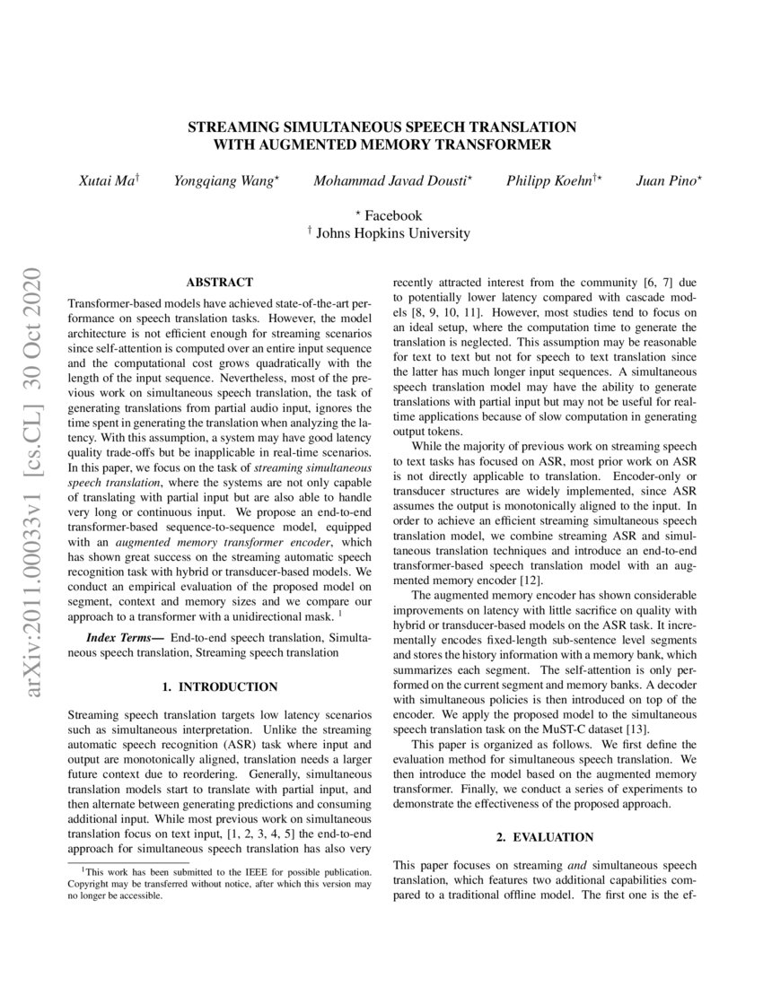 Streaming Simultaneous Speech Translation With Augmented Memory