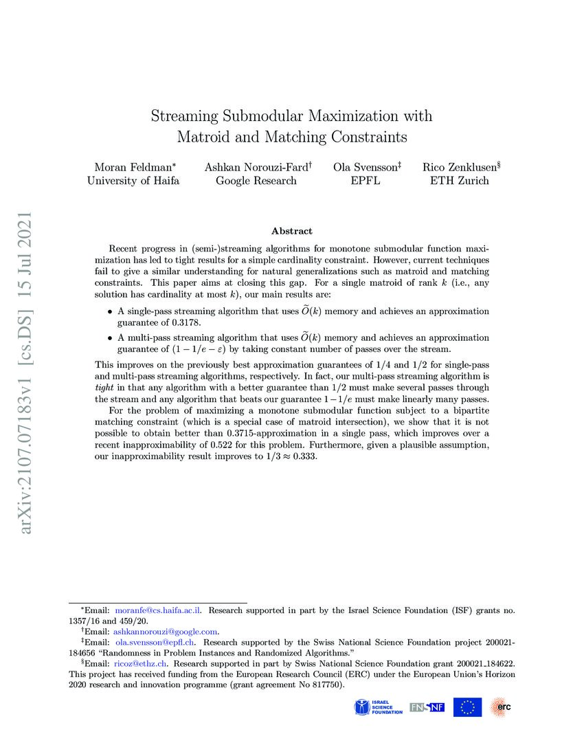 Streaming Submodular Maximization With Matroid And Matching Constraints Deepai 
