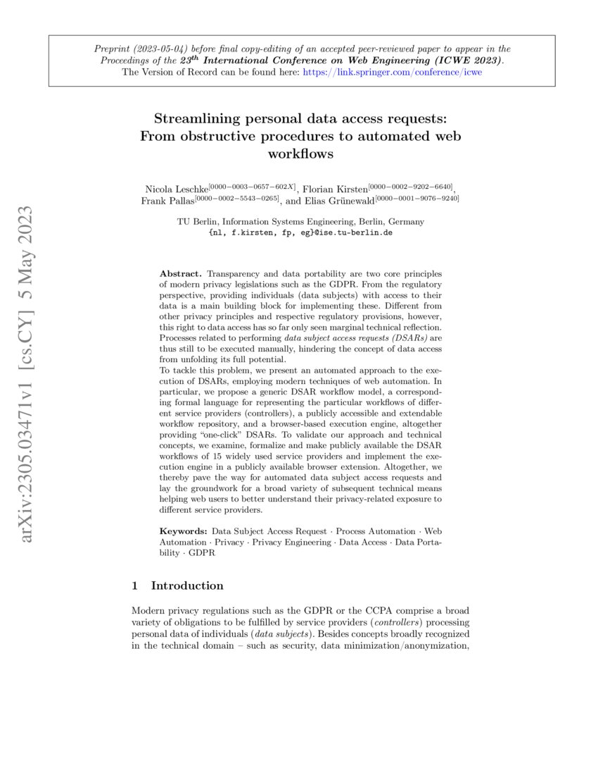 Streamlining personal data access requests: From obstructive procedures to automated web ...