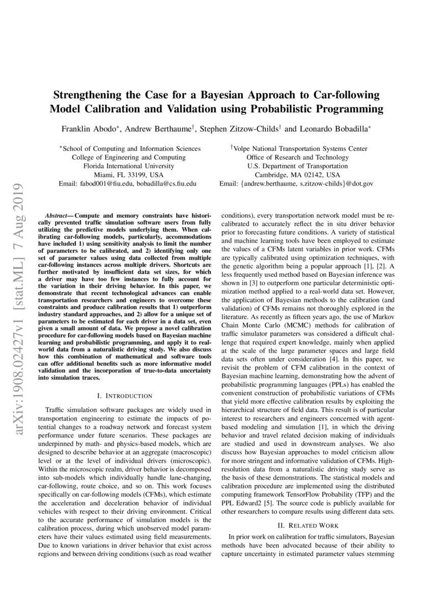 Strengthening the Case for a Bayesian Approach to Car-following Model Calibration and Validation ...