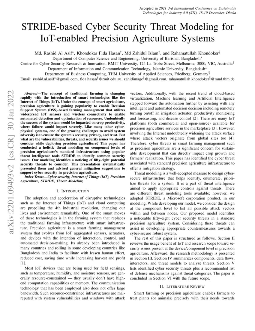 STRIDE-based Cyber Security Threat Modeling for IoT-enabled Precision ...
