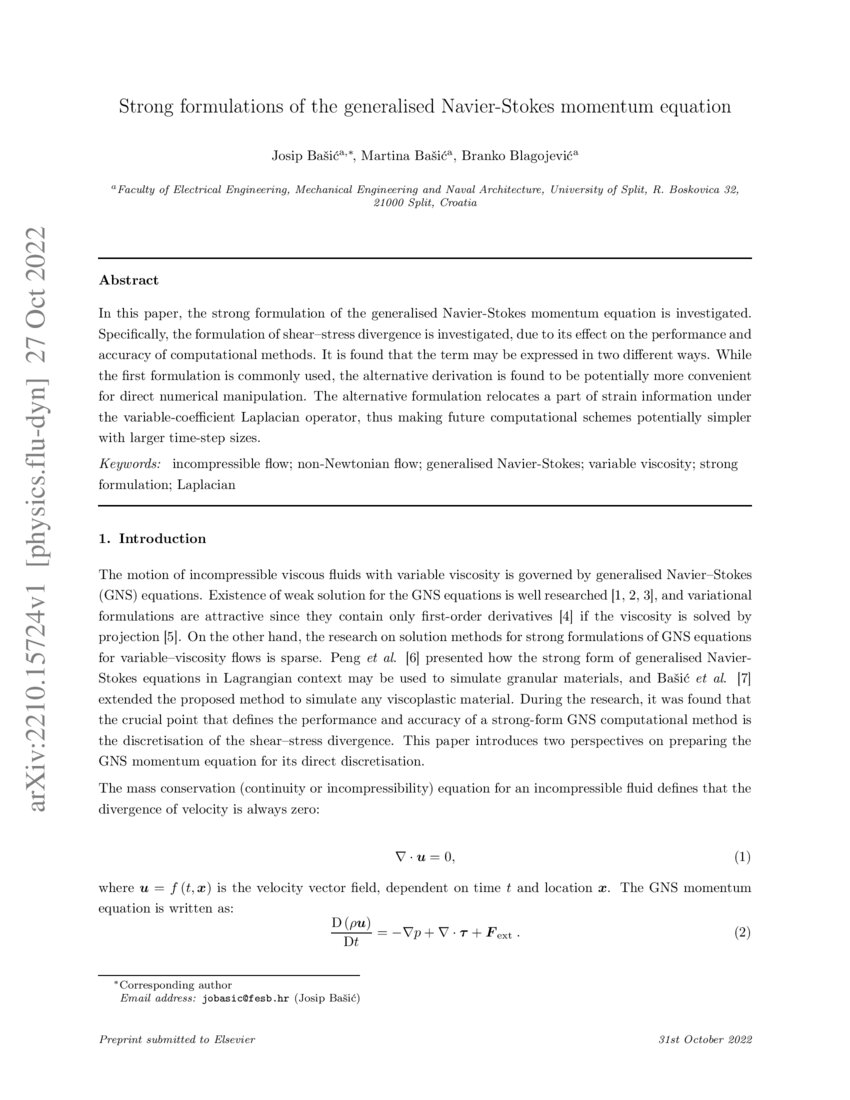 Strong formulations of the generalised Navier-Stokes momentum equation ...