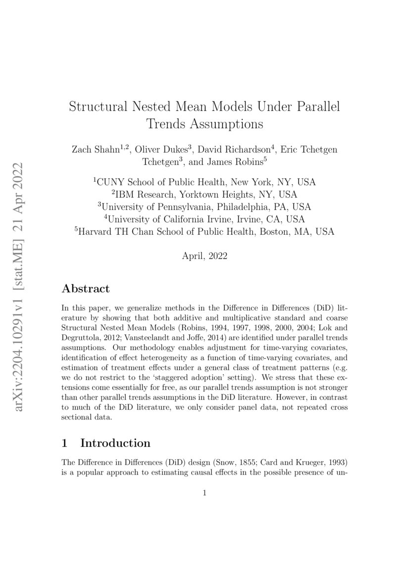 Structural Nested Mean Models Under Parallel Trends Assumptions | DeepAI