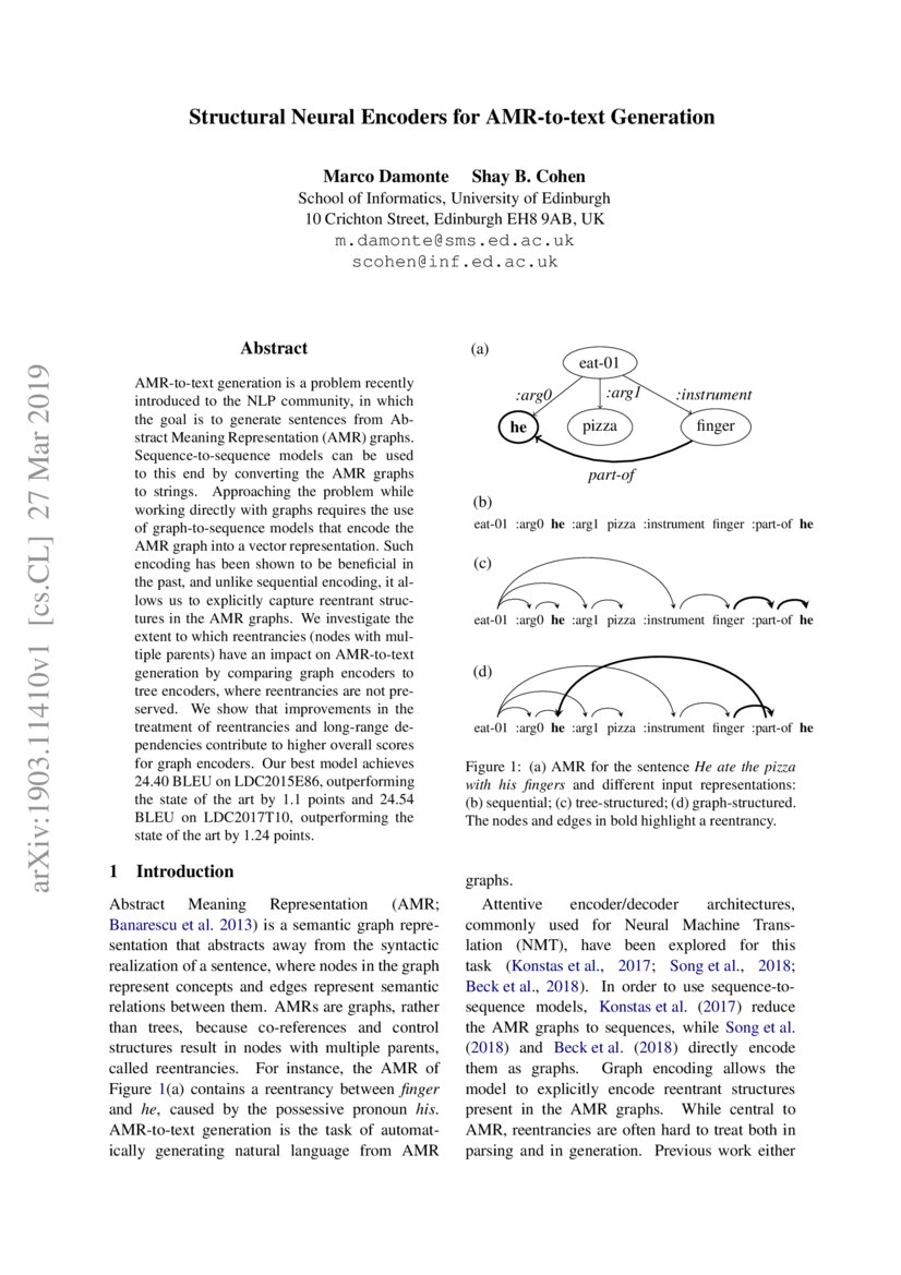 Structural Neural Encoders for AMR-to-text Generation | DeepAI