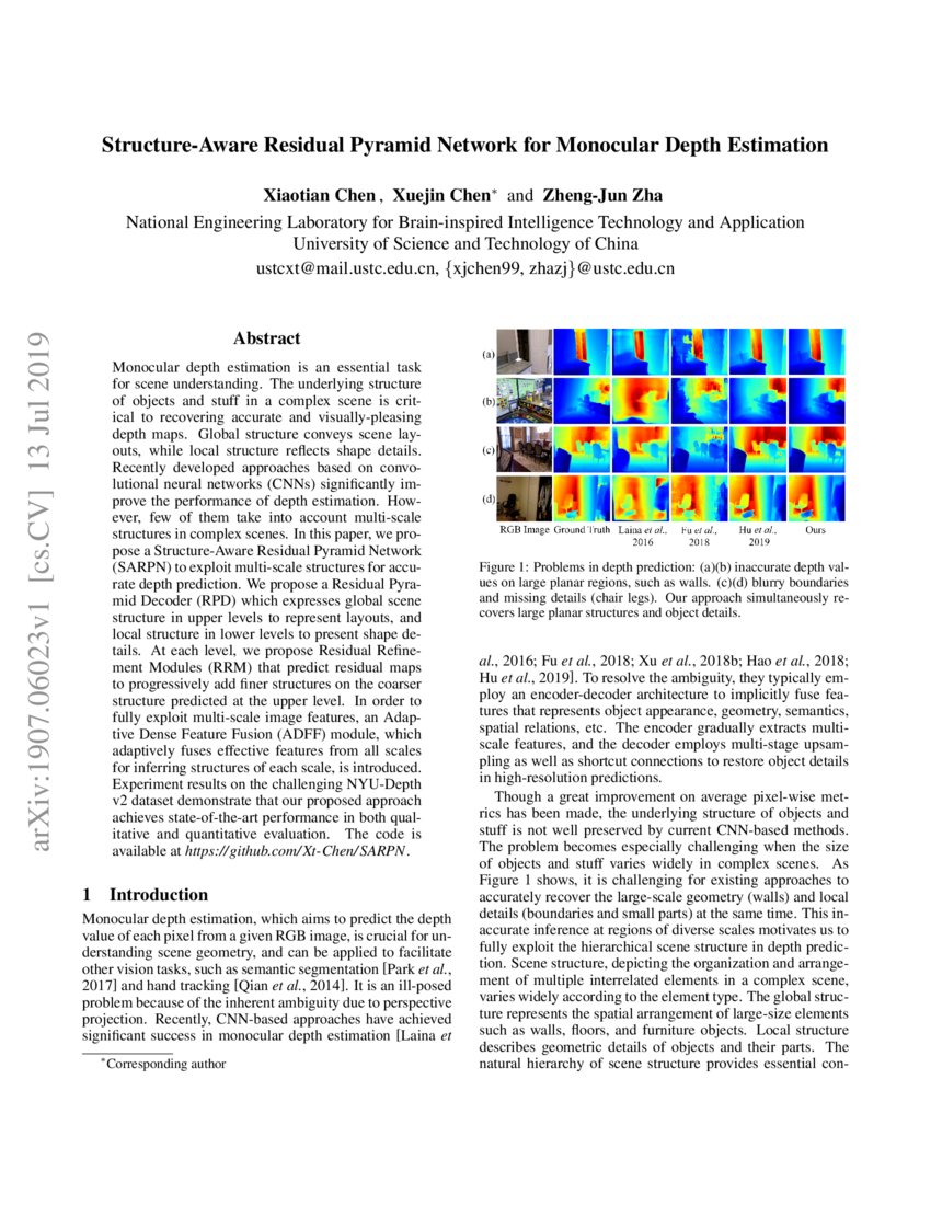 Structure Aware Residual Pyramid Network For Monocular Depth Estimation