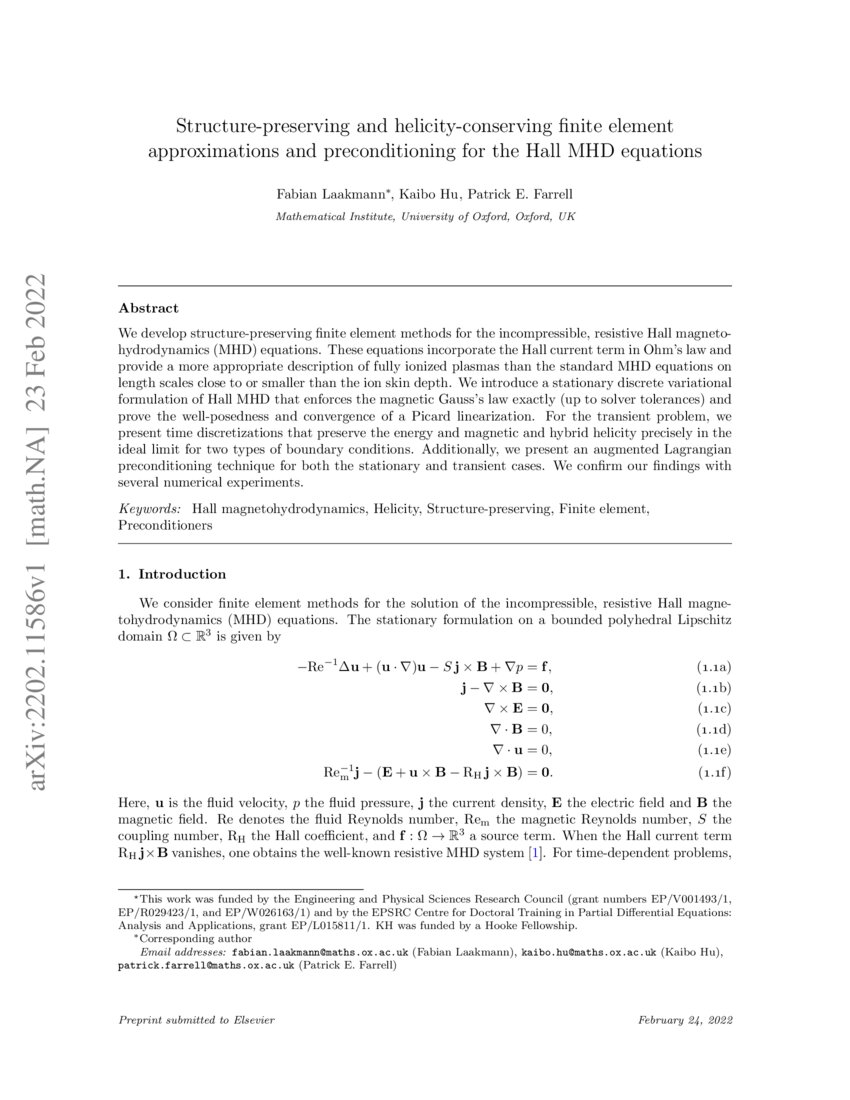Structure Preserving And Helicity Conserving Finite Element Approximations And Preconditioning