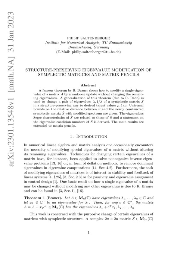Structure Preserving Eigenvalue Modification Of Symplectic Matrices And Matrix Pencils Deepai