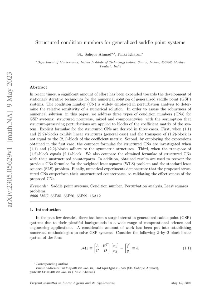 Structured condition numbers for generalized saddle point systems | DeepAI