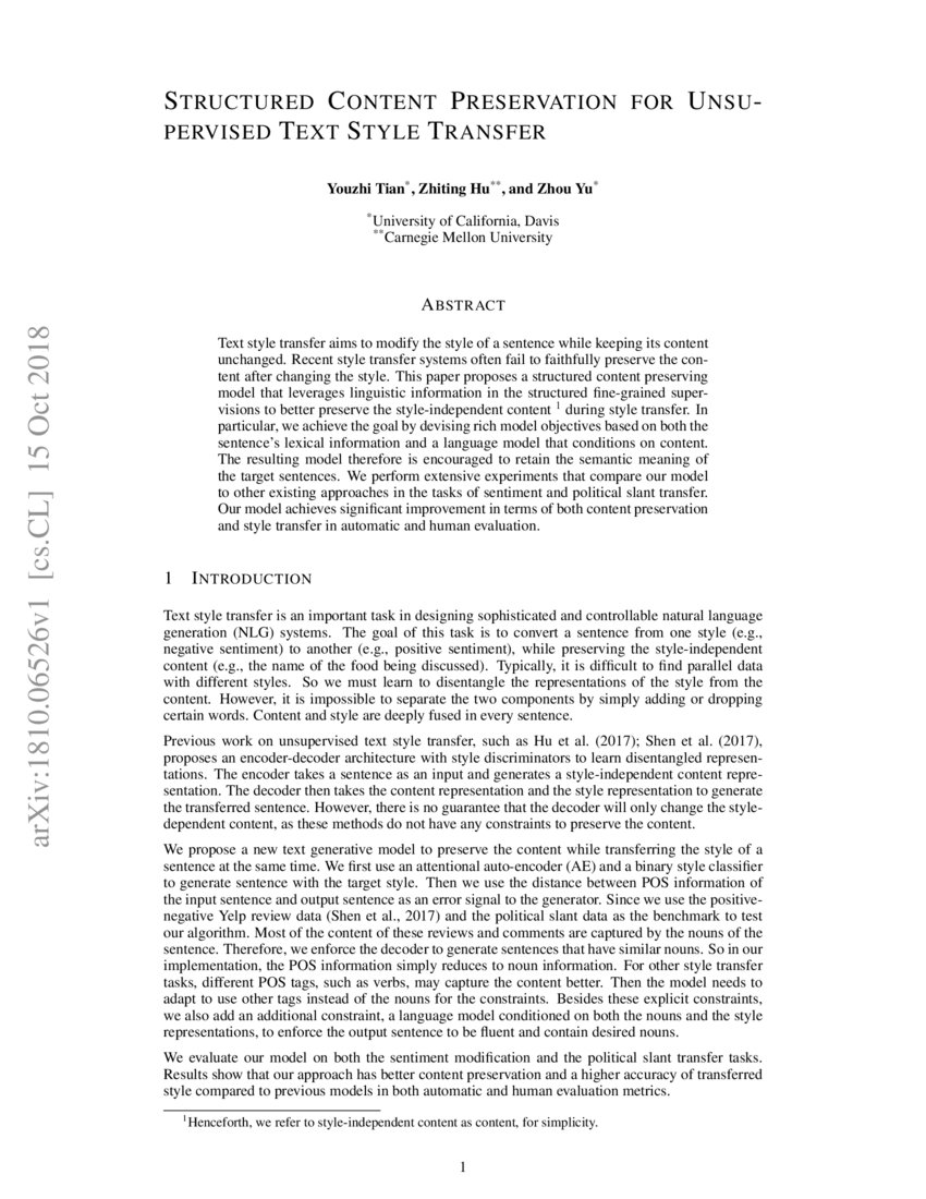 Structured Content Preservation for Unsupervised Text Style Transfer | DeepAI