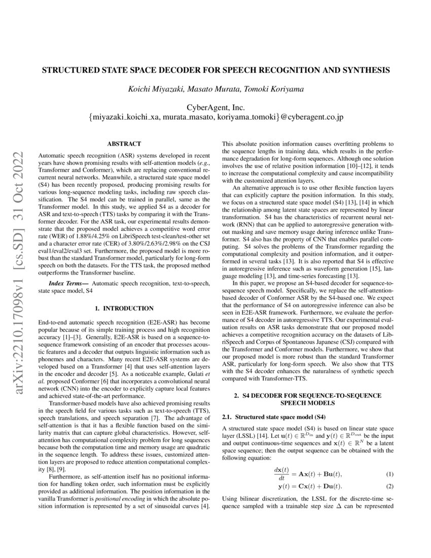 Structured State Space Decoder For Speech Recognition And Synthesis
