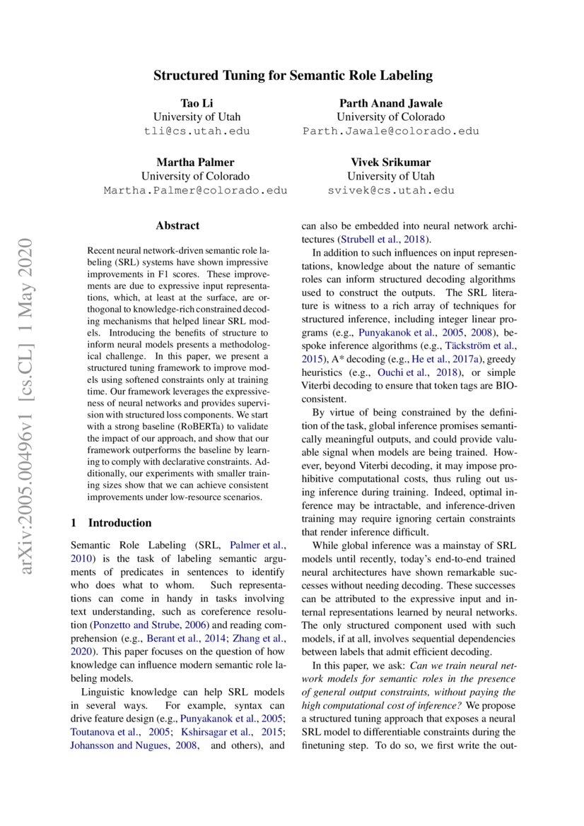 Structured Tuning for Semantic Role Labeling | DeepAI