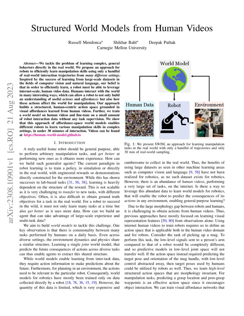 Structured World Models from Human Videos | DeepAI