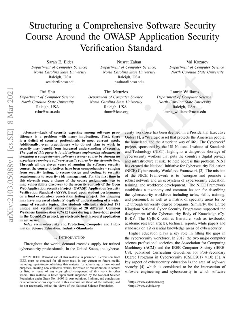 Structuring A Comprehensive Software Security Course Around The Owasp