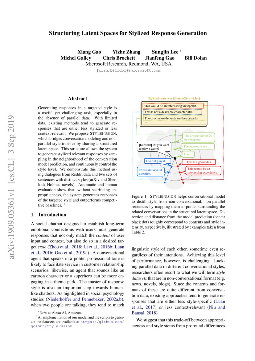 Structuring Latent Spaces for Stylized Response Generation | DeepAI