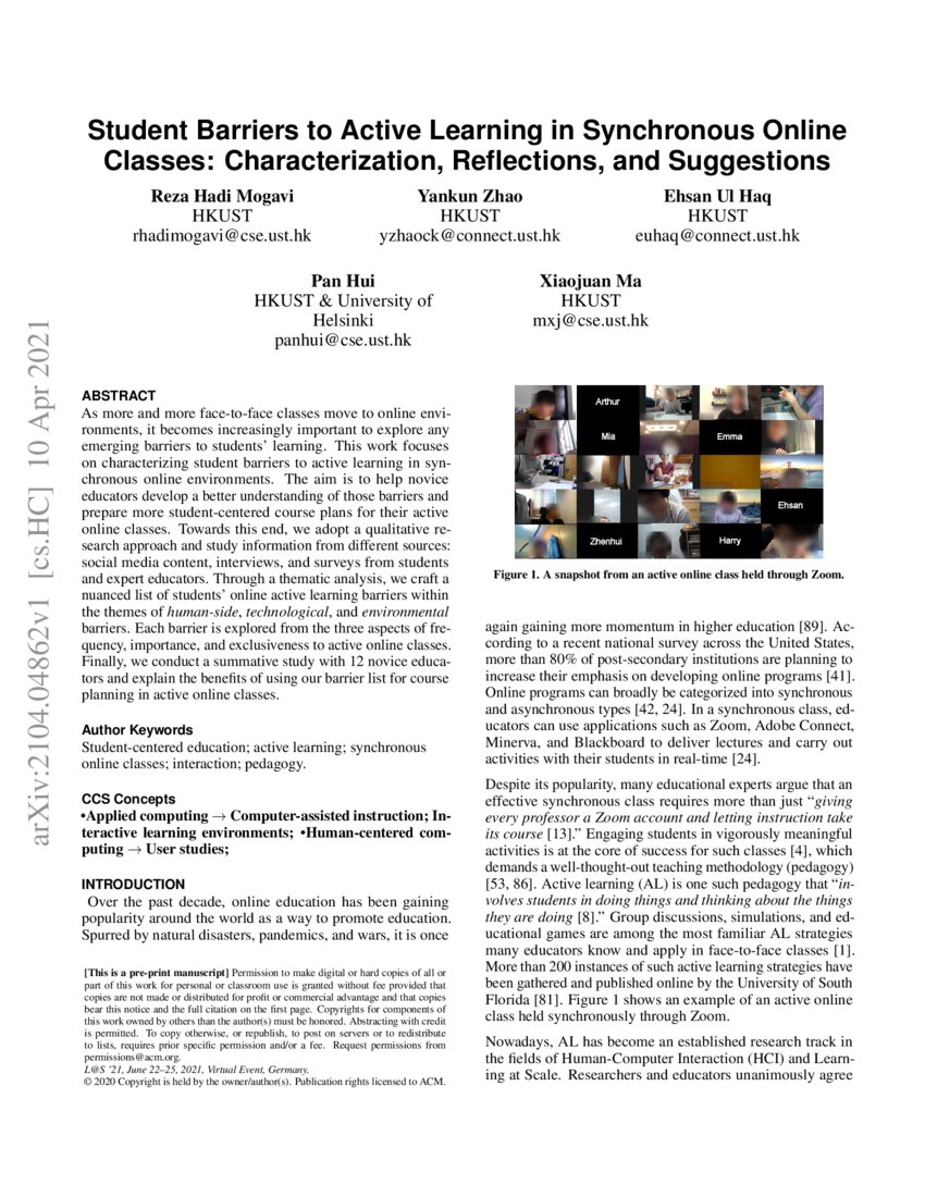 Student Barriers to Active Learning in Synchronous Online Classes ...