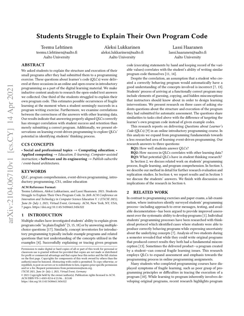 Students Struggle to Explain Their Own Program Code | DeepAI