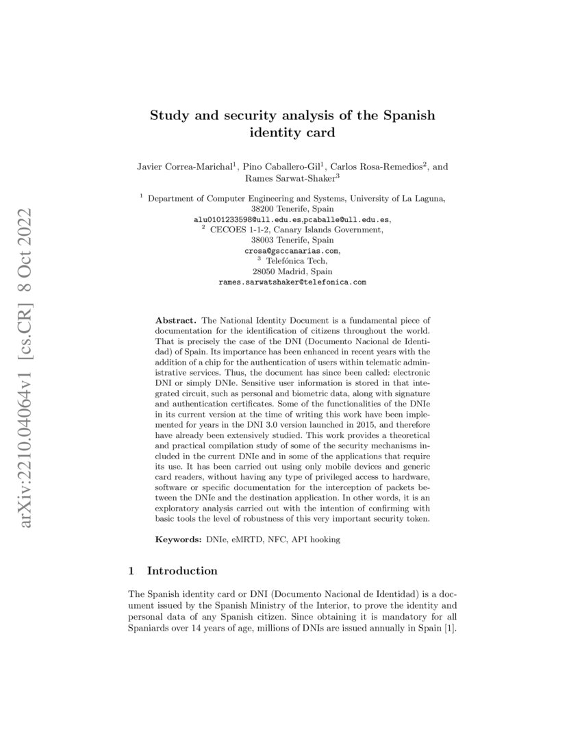 Study and security analysis of the Spanish identity card | DeepAI