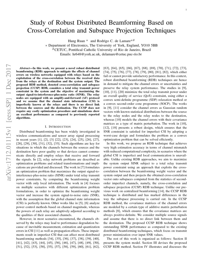 Study of Robust Distributed Beamforming Based on Cross-Correlation and Subspace Projection ...