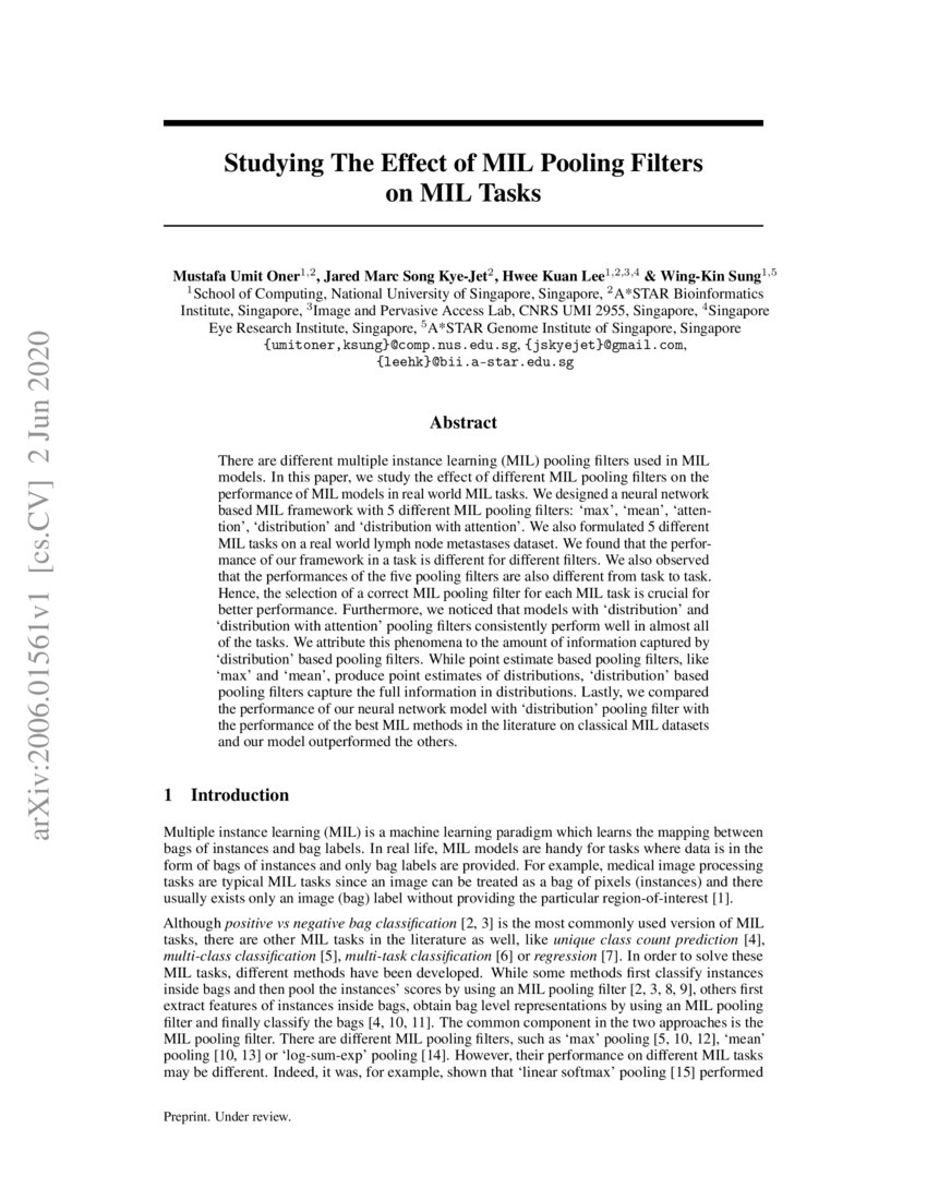 Studying The Effect of MIL Pooling Filters on MIL Tasks | DeepAI