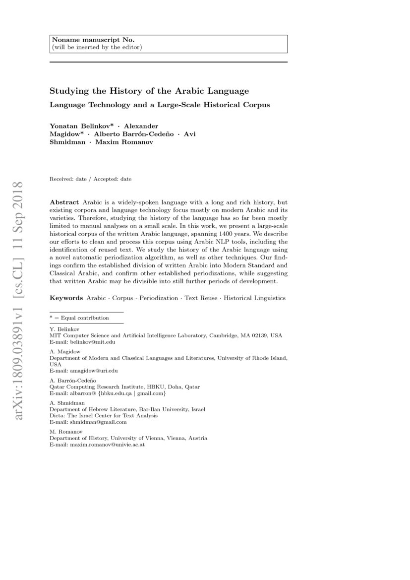 Studying the History of the Arabic Language: Language Technology and a ...