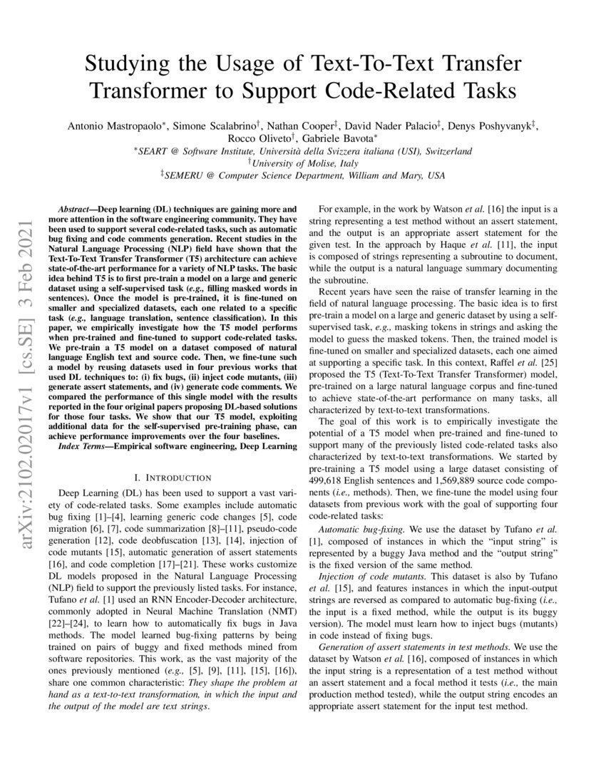 Studying the Usage of Text-To-Text Transfer Transformer to Support Code ...