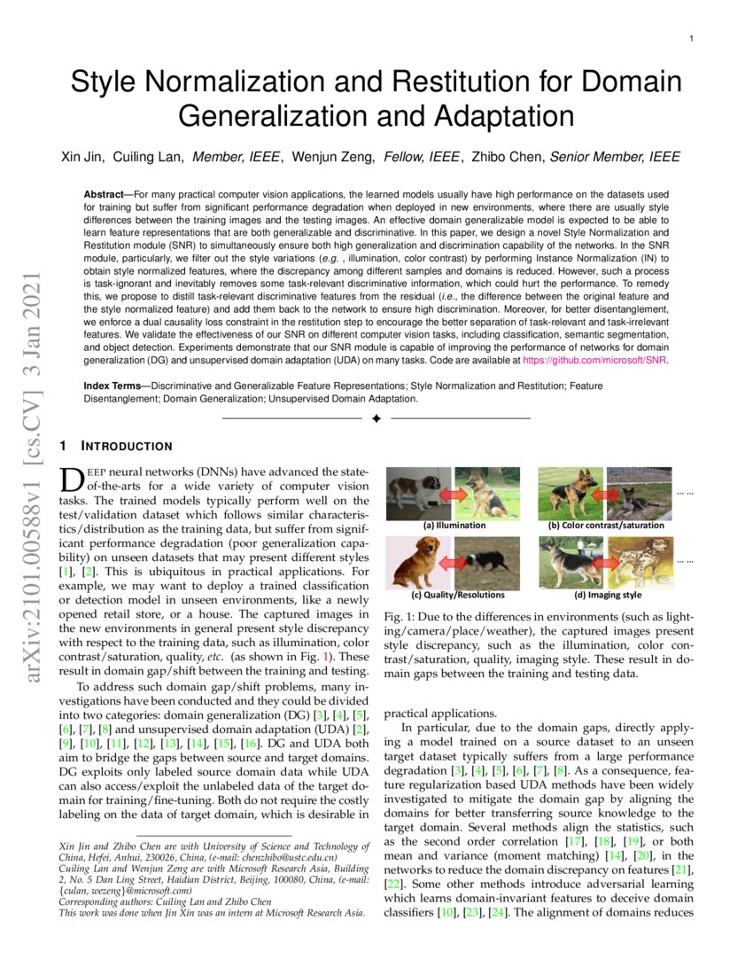 Style Normalization And Restitution For Domaingeneralization And Adaptation Deepai