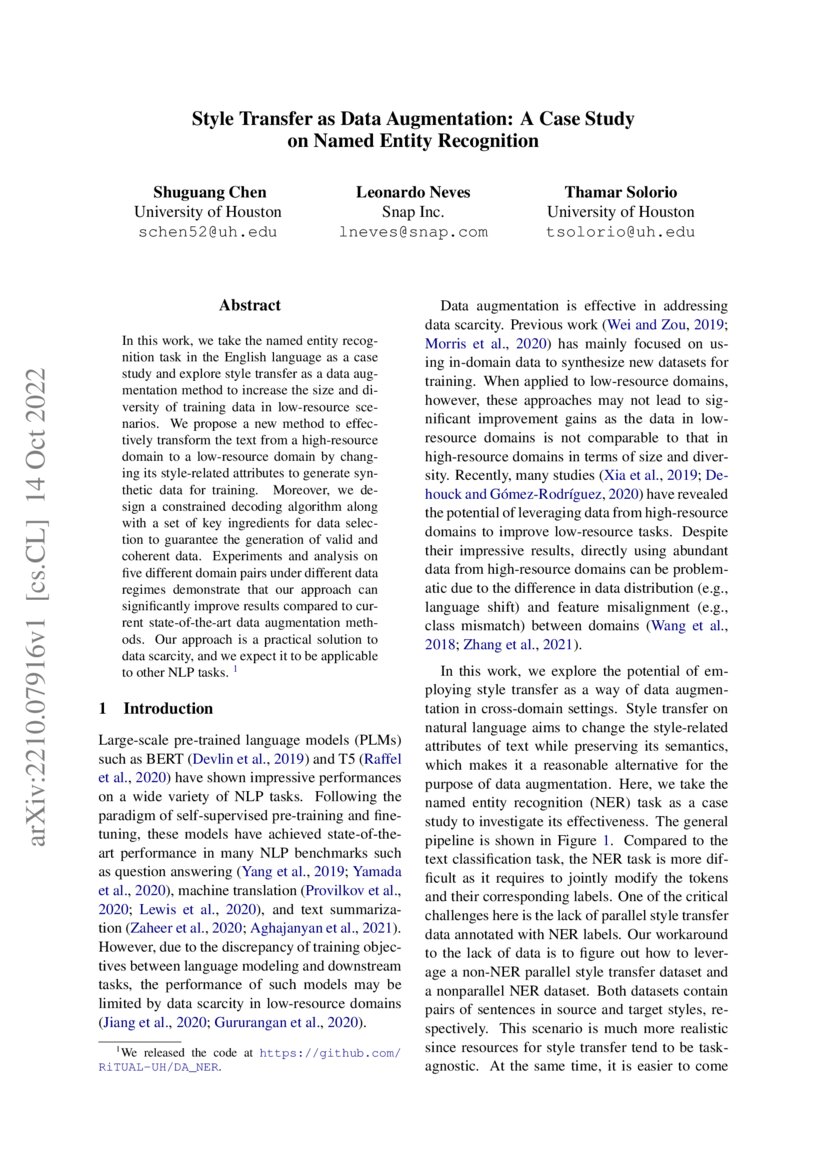 Style Transfer as Data Augmentation: A Case Study on Named Entity Recognition | DeepAI