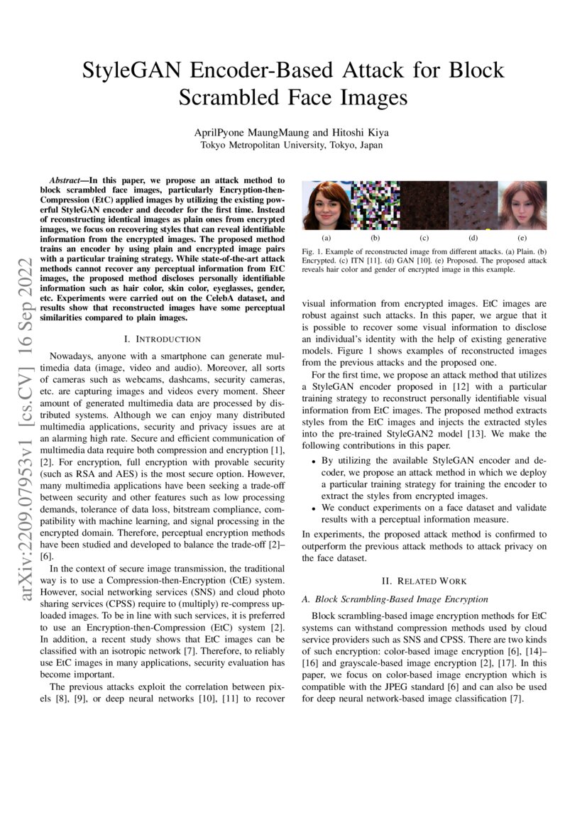 StyleGAN Encoder-Based Attack for Block Scrambled Face Images | DeepAI