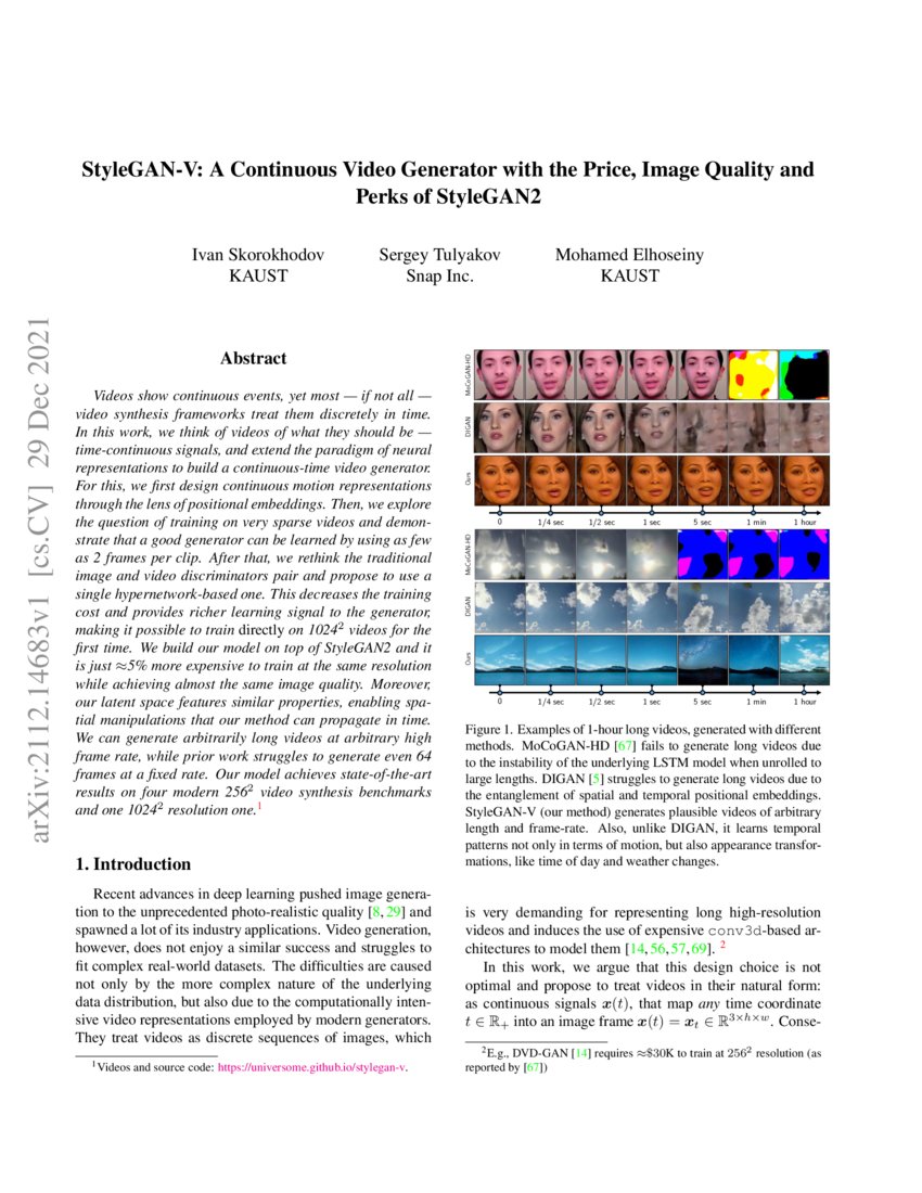 StyleGAN-V: A Continuous Video Generator with the Price, Image Quality ...