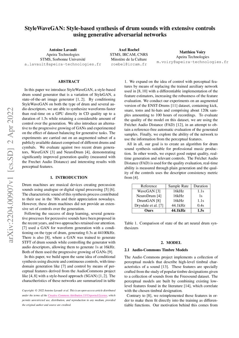 StyleWaveGAN: Style-based synthesis of drum sounds with extensive controls using generative ...