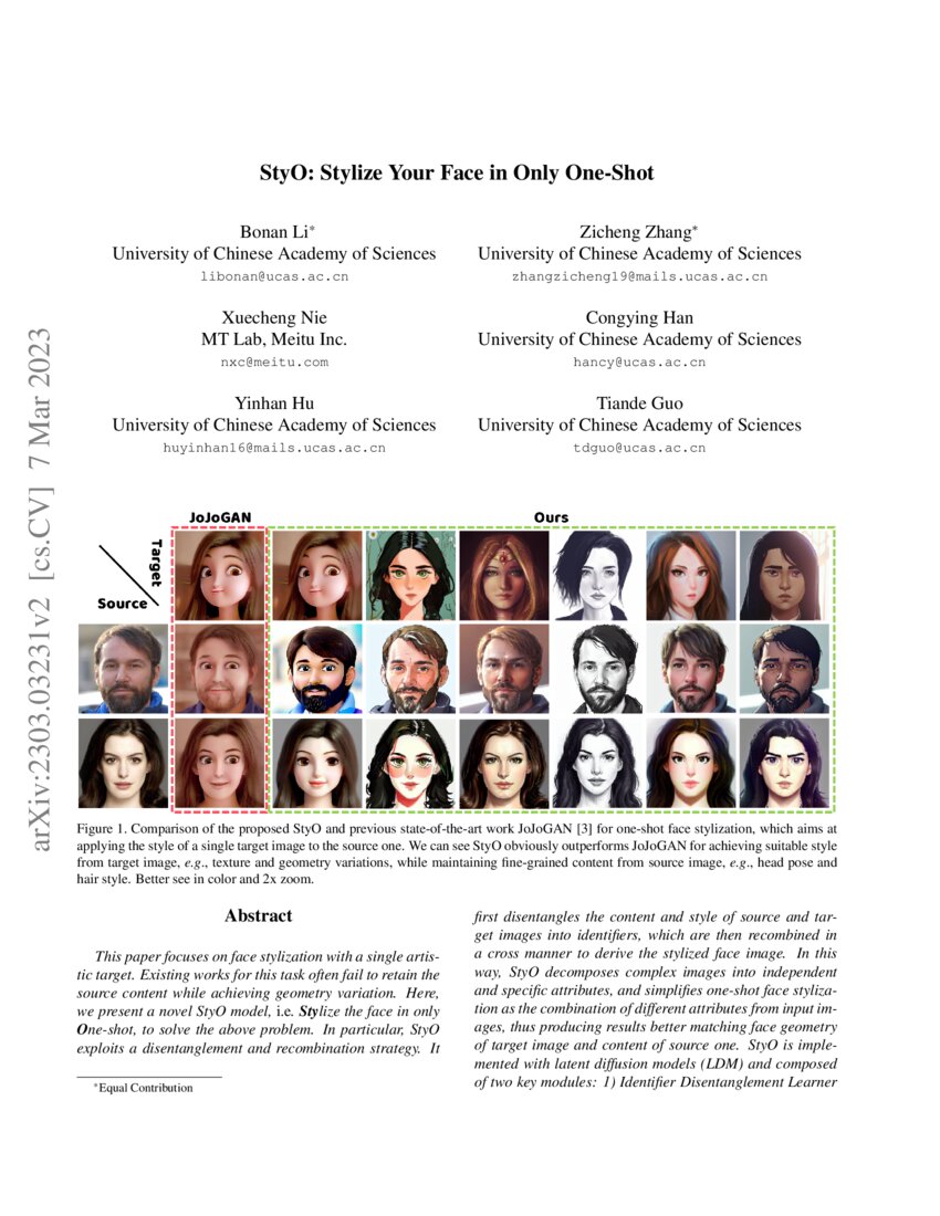 StyO: Stylize Your Face in Only One-Shot | DeepAI