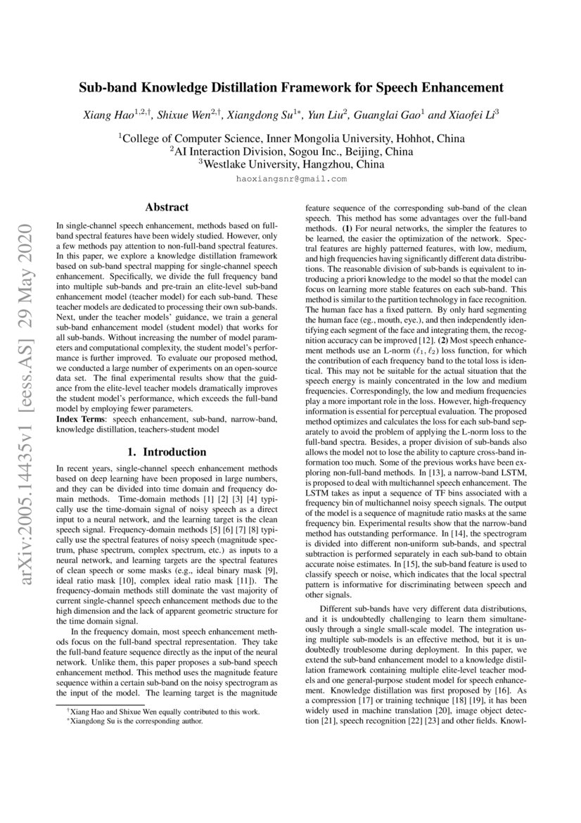 Sub-band Knowledge Distillation Framework for Speech Enhancement | DeepAI