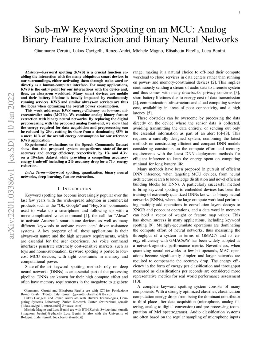 Sub Mw Keyword Spotting On An Mcu Analog Binary Feature Extraction And Binary Neural Networks