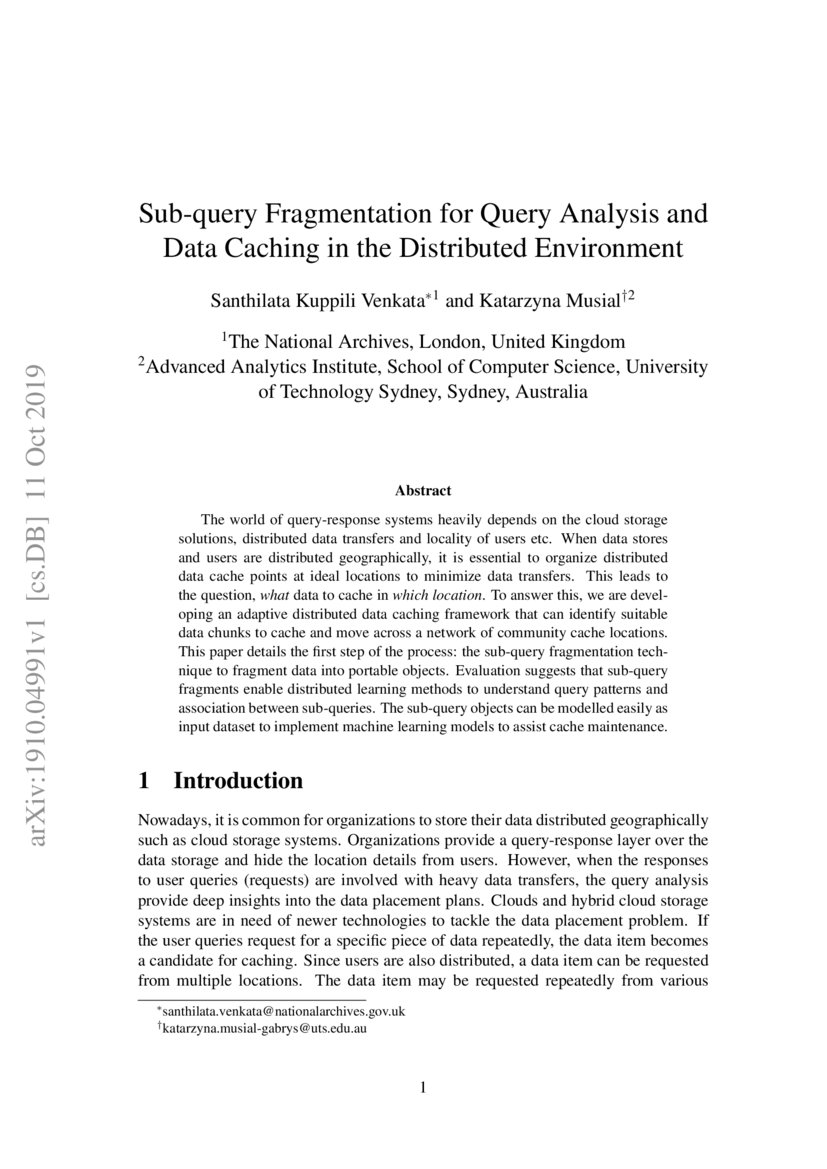 Sub Query Fragmentation For Query Analysis And Data Caching In The Distributed Environment Deepai