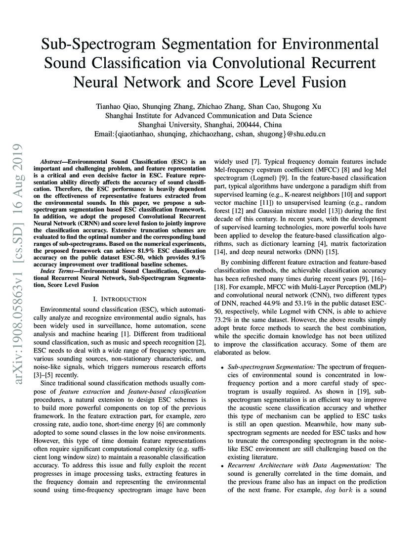 Sub Spectrogram Segmentation For Environmental Sound Classification Via Convolutional Recurrent