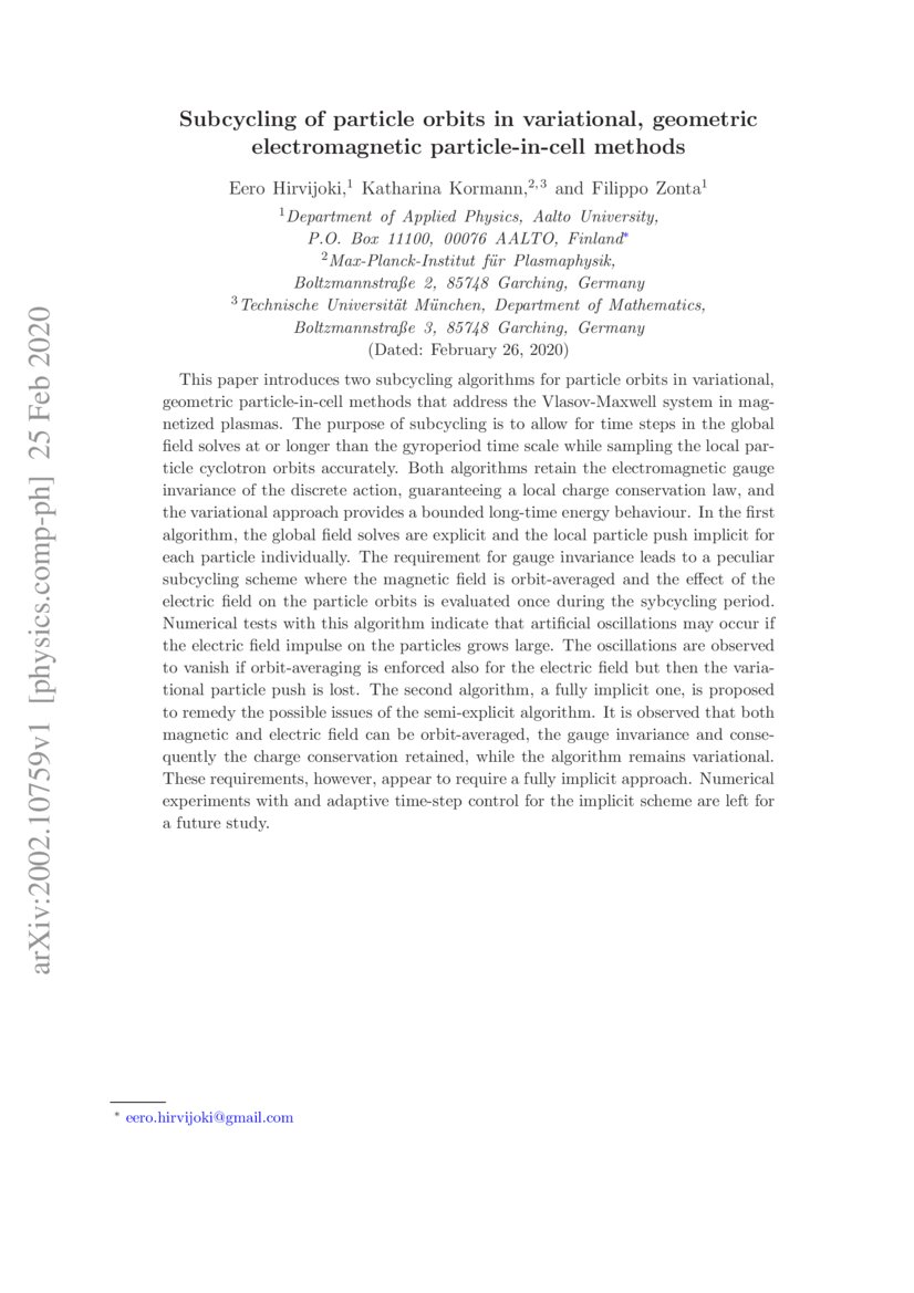 Subcycling Of Particle Orbits In Variational Geometric Electromagnetic Particle In Cell Methods