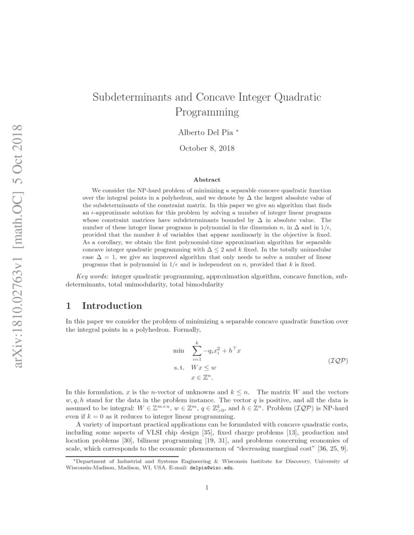 Subdeterminants And Concave Integer Quadratic Programming Deepai