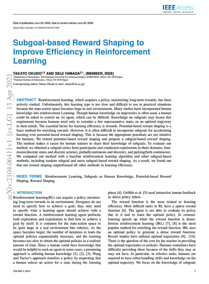 Subgoal-based Reward Shaping to Improve Efficiency in Reinforcement Learning | DeepAI